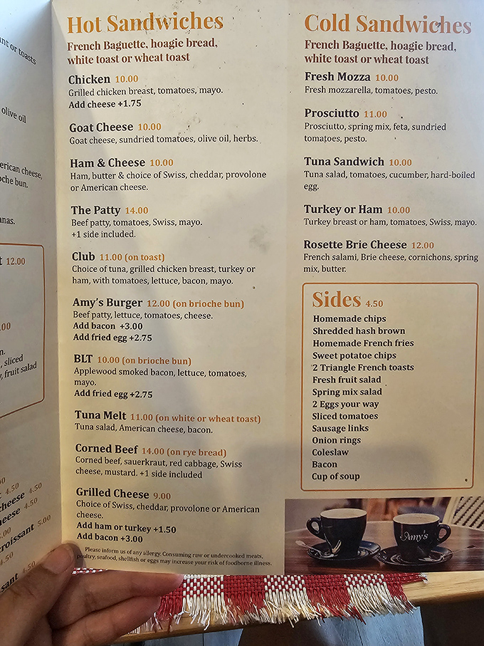 A menu that reads like a love letter to French cuisine. Choosing between the Rosette Brie Cheese sandwich and Amy's Burger might be the day's toughest decision.