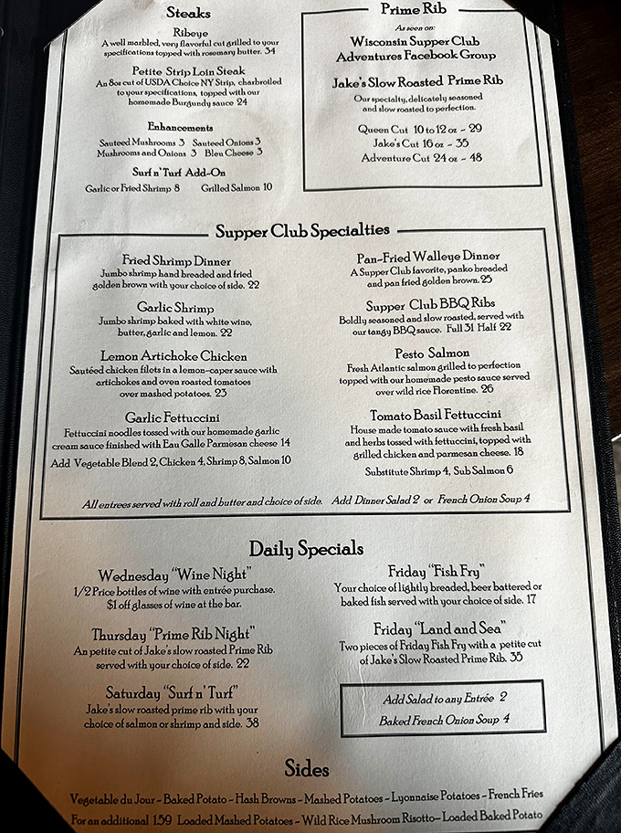 This menu reads like a love letter to everything Wisconsin supper clubs do right.