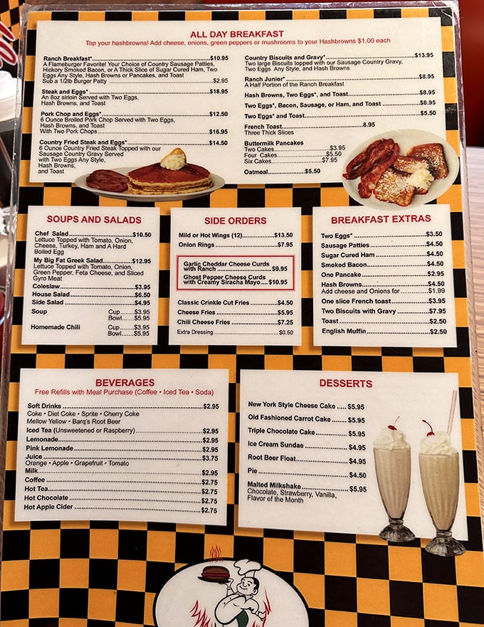 A menu that reads like a love letter to cholesterol, written in the language of deliciousness.