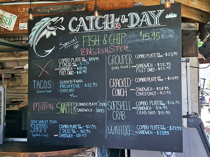 That handwritten menu board leans like it's had one too many rum runners, but the prices keep everyone happy.