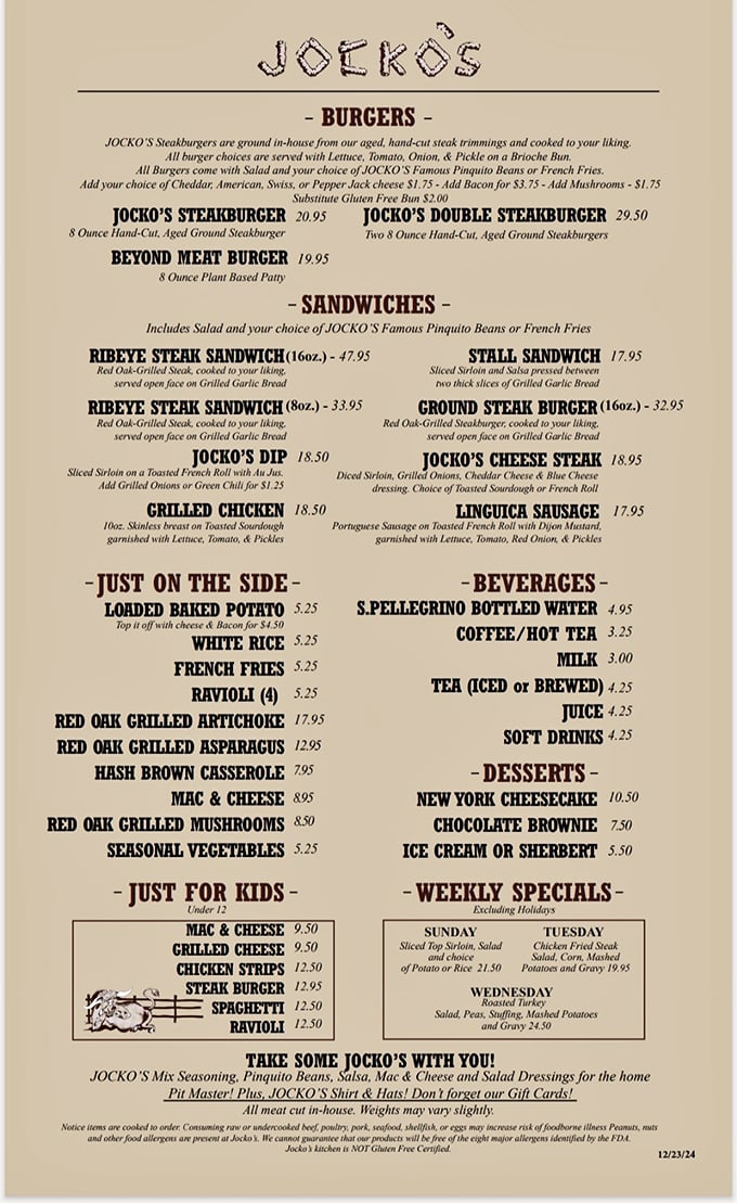 This menu isn't just a list&mdash;it's a treasure map. The real adventure begins when you realize everything is cooked over that legendary oak pit.