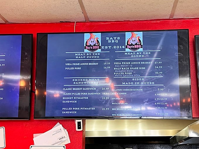The menu board tells a simple story: premium meats, classic preparations, no gimmicks. In barbecue, as in life, clarity of purpose is everything.