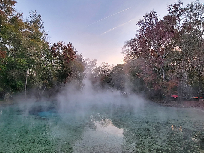 Morning mist rising from 72-degree spring water creates nature's special effects department. Winter visits offer this ethereal bonus scene.