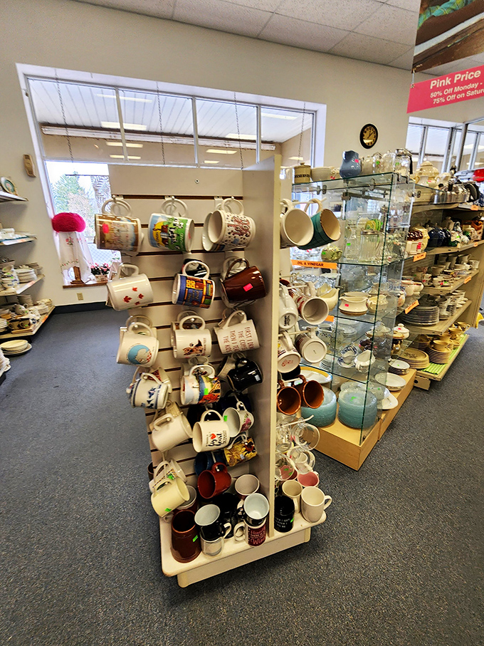 The mug wall &ndash; where coffee vessels come to find their forever homes. Each one tells a story, and somehow you'll leave convinced you need three more.