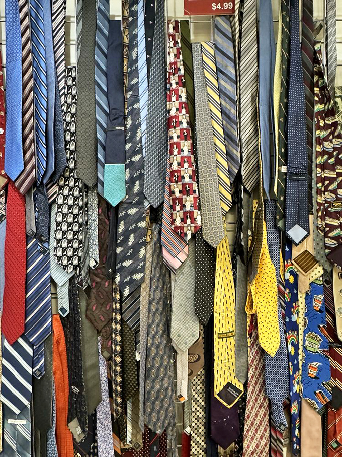 The necktie wall&mdash;where Silicon Valley power lunches and 1970s disco nights hang side by side in silky harmony.