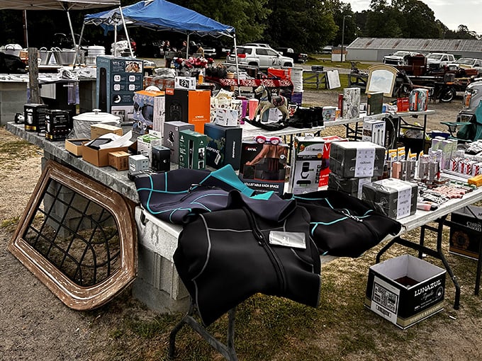 From gadgets to gear, this vendor's display is a tech enthusiast's dream. That vintage car window? Someone's future DIY project waiting to happen.