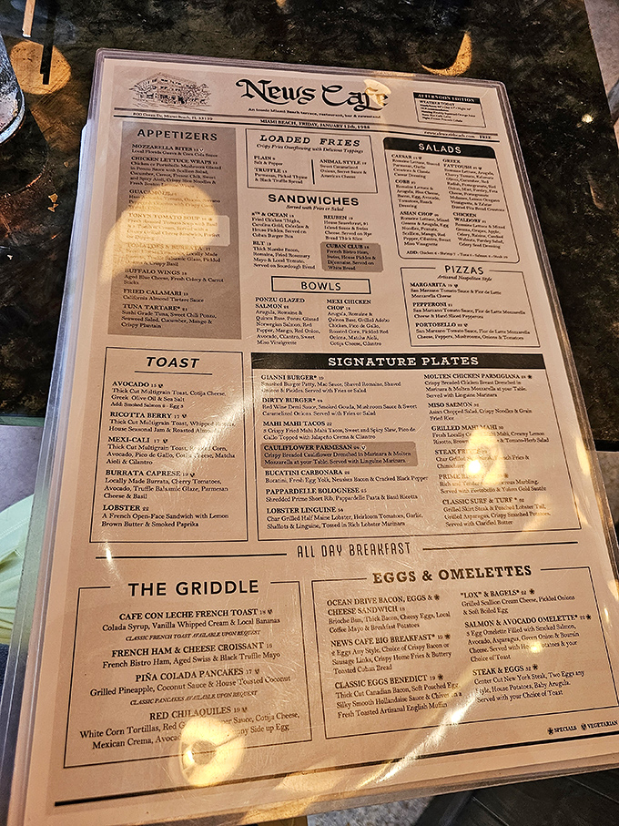The newspaper-inspired menu offers a headline-worthy selection of all-day breakfast, sandwiches, and signature plates that tell Miami's culinary story.