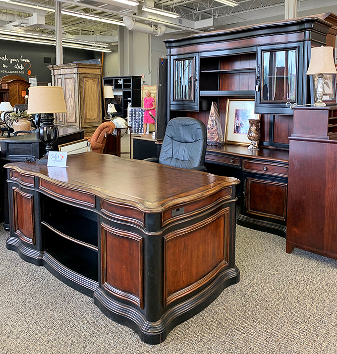 This executive desk setup isn't just furniture—it's a power move waiting to happen in your home office. Zoom meetings will never be the same.