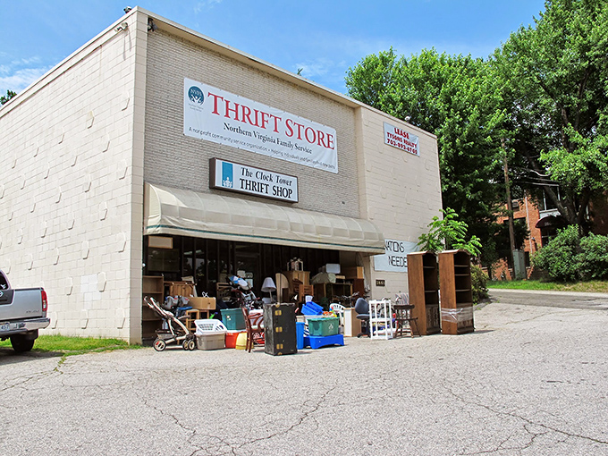 Like a retail mullet&mdash;business sign up top, party of bargains down below. The building's simple facade belies the wonderland of secondhand treasures within.