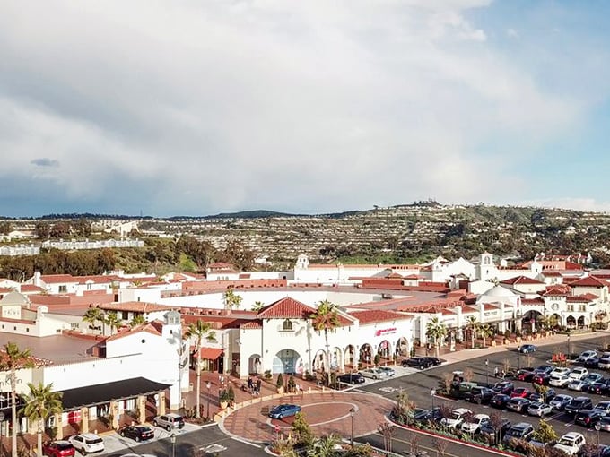 The bird's-eye view reveals the impressive scale of this retail wonderland, with its sea of terracotta roofs stretching toward the horizon.