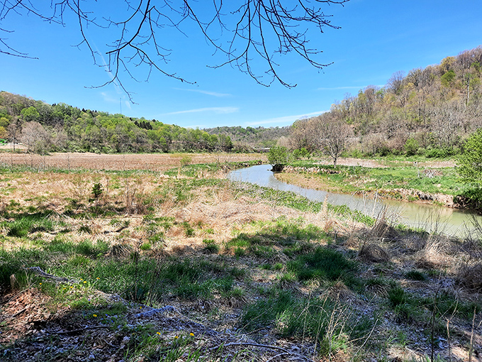 Former lakebed transformed into a peaceful meadow where Dunkard Fork Creek meanders through. Nature's version of an extreme home makeover&mdash;and it works!