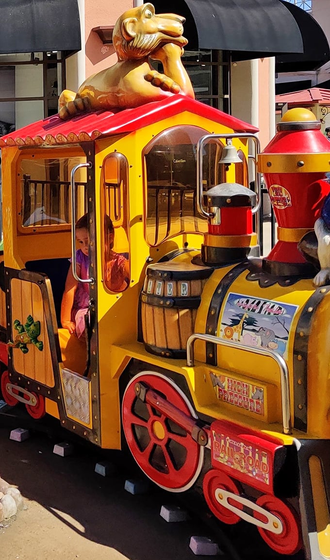 All aboard the bargain express! This whimsical children's train offers the perfect distraction for little ones while parents sneak in "just one more store."