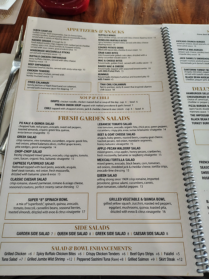 Menu anxiety? It's real. The Pompton Queen's spiral-bound tome of possibilities ranges from Greek salads to empanadas&mdash;decision paralysis never tasted so good.