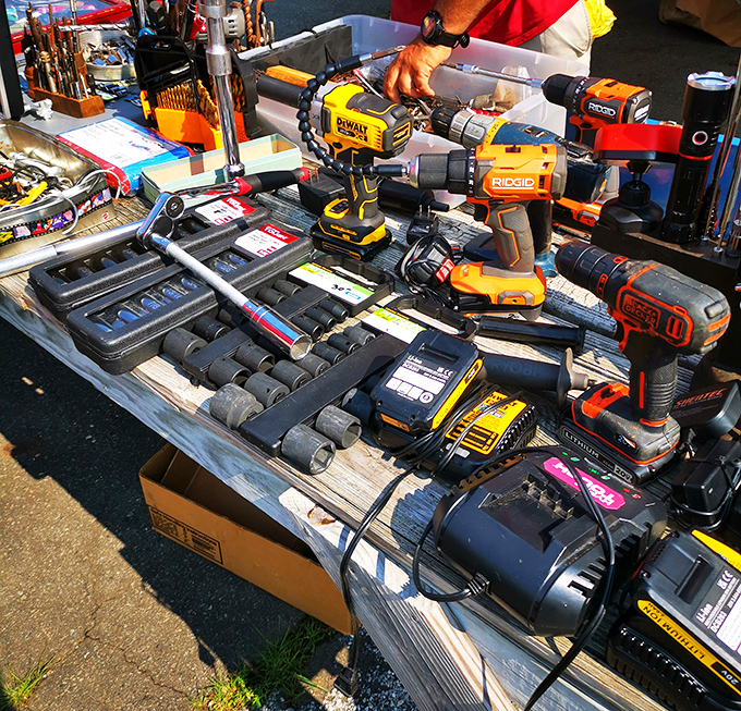 Tool paradise for DIY enthusiasts and professionals alike. Like a hardware store had a yard sale, this table offers power tools at prices that won't drill holes in your wallet.