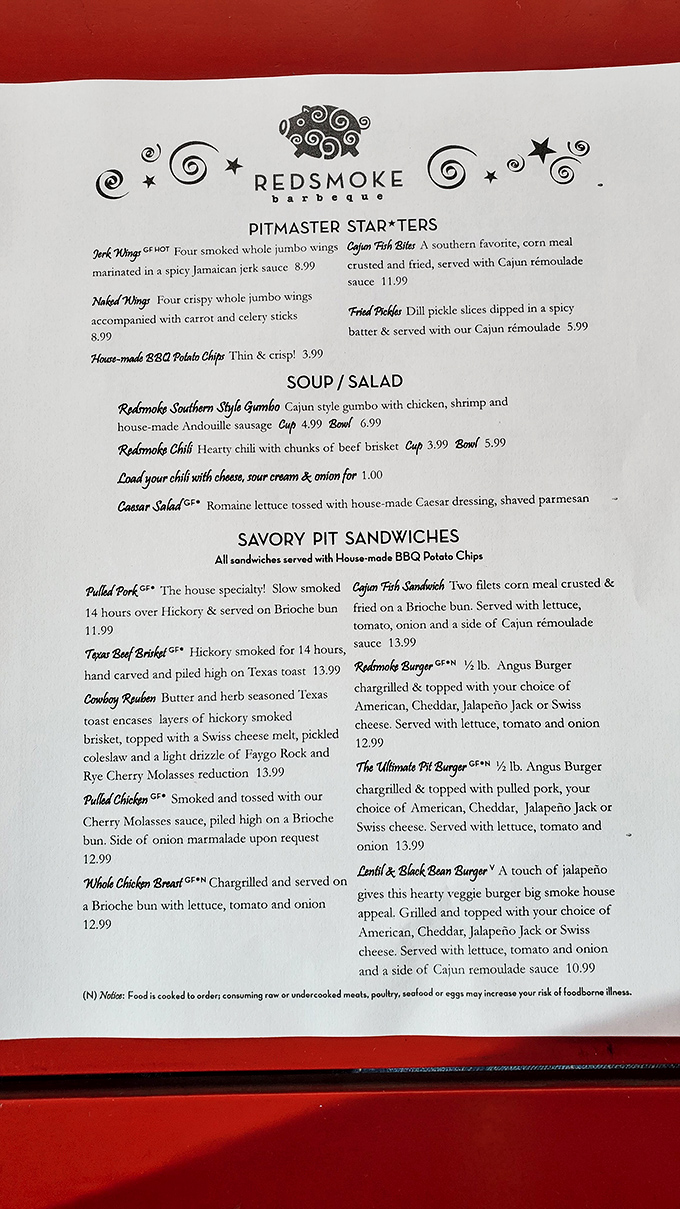 The menu reads like a love letter to regional American barbecue traditions, with each item promising the kind of satisfaction that requires extra napkins.