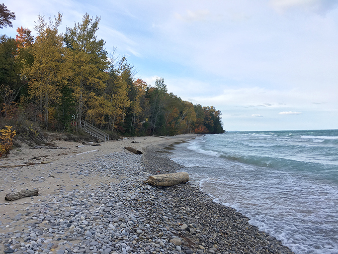Fall's palette creates a stunning backdrop for this rocky shoreline, where each stone tells a geological story centuries in the making.