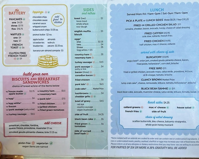 The holy scripture of breakfast devotees &ndash; Scrambled's menu reveals the path to pancake enlightenment and biscuit bliss.