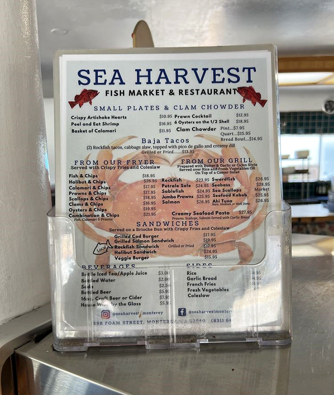 The menu at Sea Harvest reads like poetry to seafood lovers. Notice how "Fried" and "Chips" appear frequently&mdash;these people understand life's priorities.