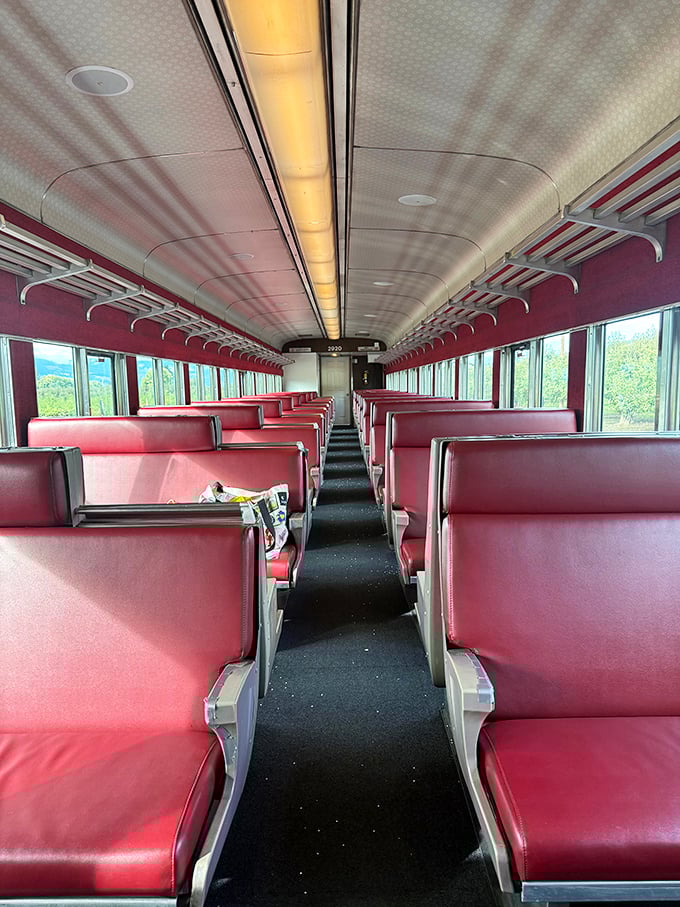 First-class seating without the first-class attitude. These burgundy beauties invite you to sink in and watch Oregon's masterpiece unfold outside your window.