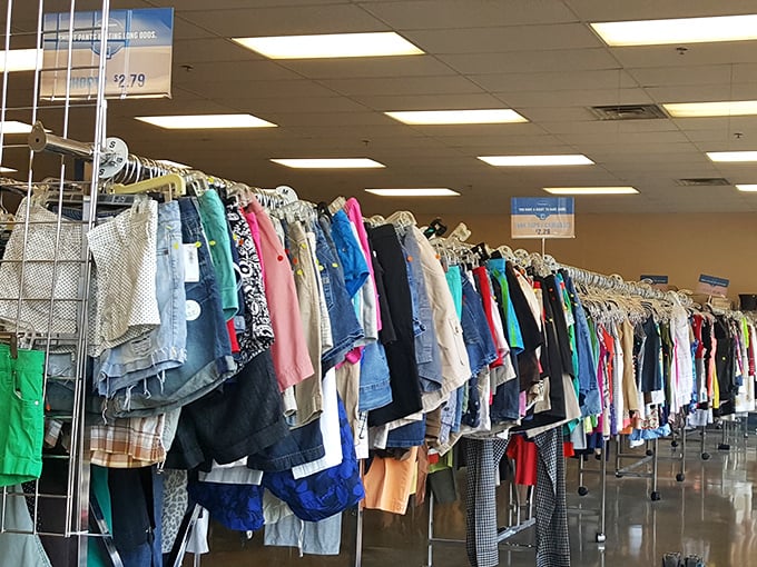 A rainbow of shorts and pants awaits new legs to fill them&mdash;each hanger a possibility, each price tag a pleasant surprise.