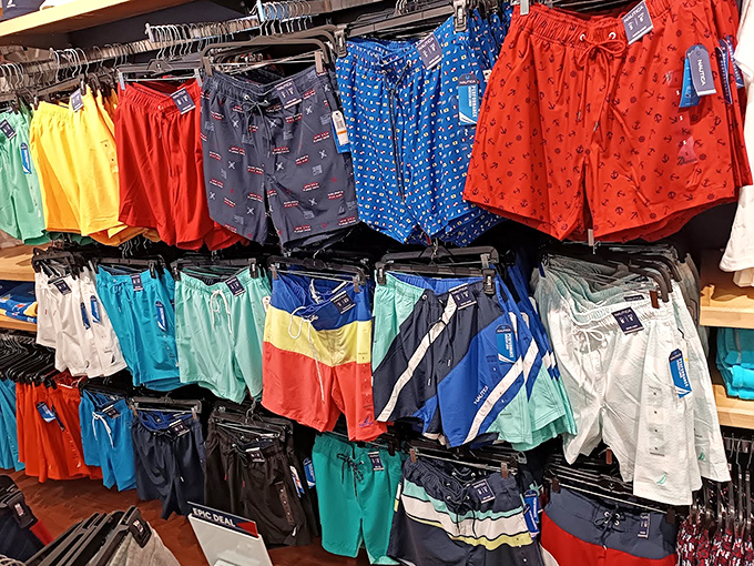 A rainbow of swim trunks stands ready for Florida adventures&mdash;because nothing says "vacation" quite like having too many options for beachwear.