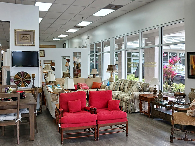 The furniture section showcases those vibrant red chairs that practically shout, "Take me home and make me the star of your living room!"