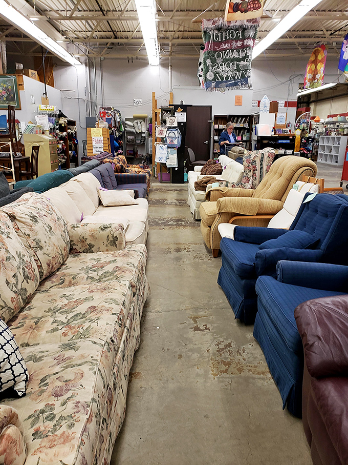 The sofa showroom resembles a living room family reunion&mdash;floral prints and navy blues gathering to discuss which lucky shopper will take them home.