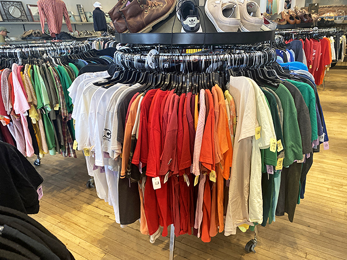 A rainbow wheel of possibility! Each hanger holds not just a shirt, but someone's story—and possibly your next favorite outfit.