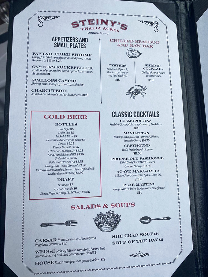 The menu at "Steiny's" reads like a love letter to classic American cuisine, with those famous fantail fried shrimp stealing hearts since day one.