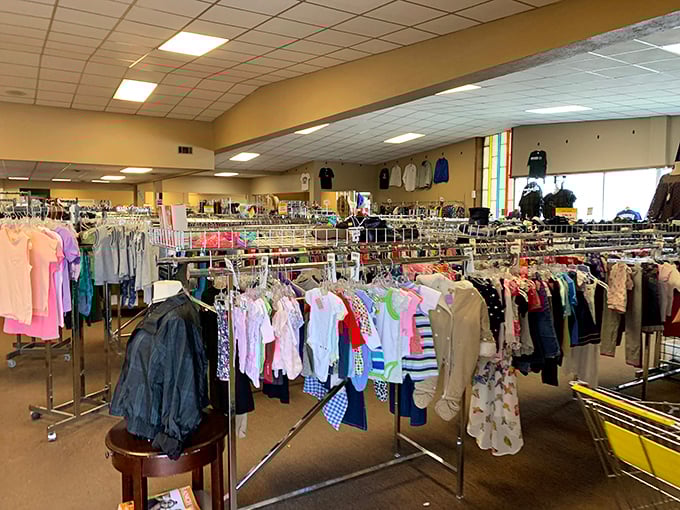 Racks upon racks of possibility. In this textile ocean, someone's castoff blazer is waiting to become your signature piece at the next neighborhood barbecue.