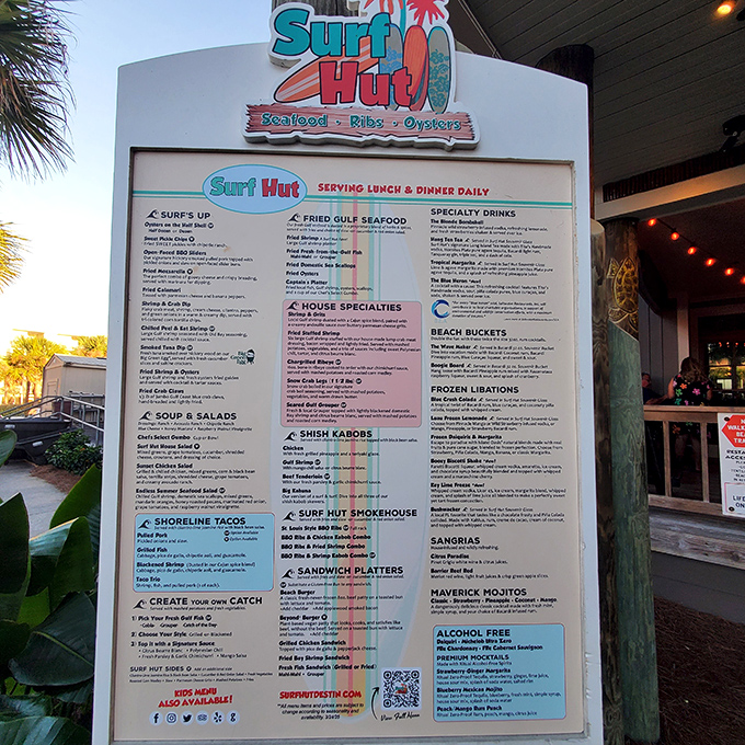 The menu board stands like the seafood version of the Ten Commandments – "Thou shalt create thine own catch" might be my favorite.