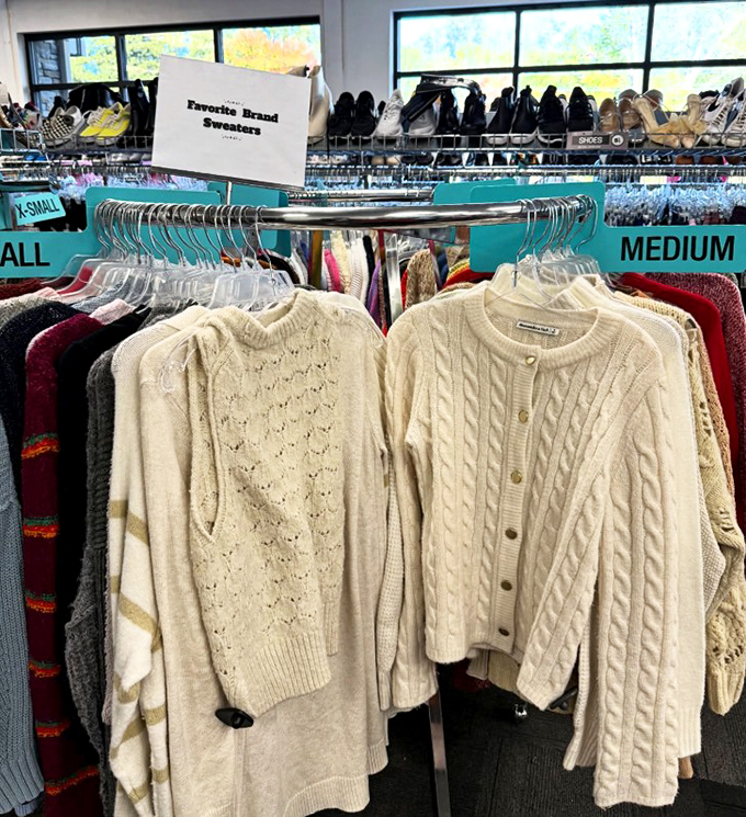 The sweater section: where cable-knit dreams come true and your grandmother's approval is practically guaranteed. Cozy never looked so current.