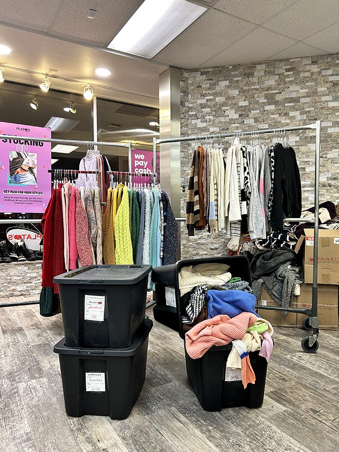 The backstage area where fashion gets its second act. These bins and racks represent the behind-the-scenes magic of retail recycling.