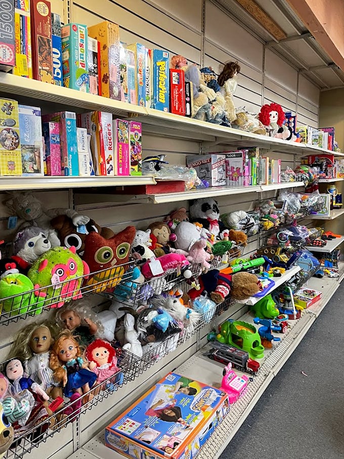 Stuffed animals and board games stand at attention, a colorful army of childhood nostalgia ready for their second chance at playtime.