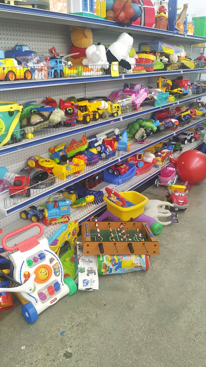 Toy paradise where childhood nostalgia meets bargain hunting. That foosball table is just waiting for its next family championship match.
