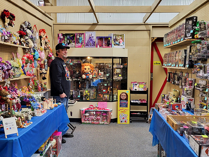 This toy vendor's booth is like stepping into a time machine—where childhood memories are stacked floor to ceiling, waiting to be rediscovered.