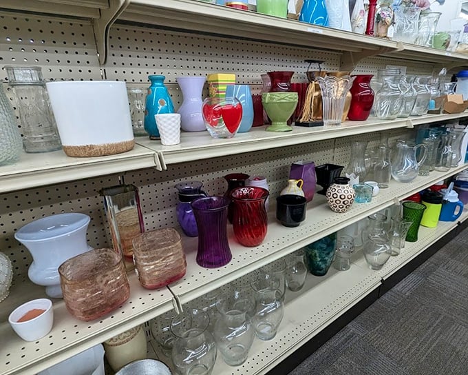 A rainbow of vases stands at attention, each with potential to transform a simple grocery store bouquet into a statement piece.
