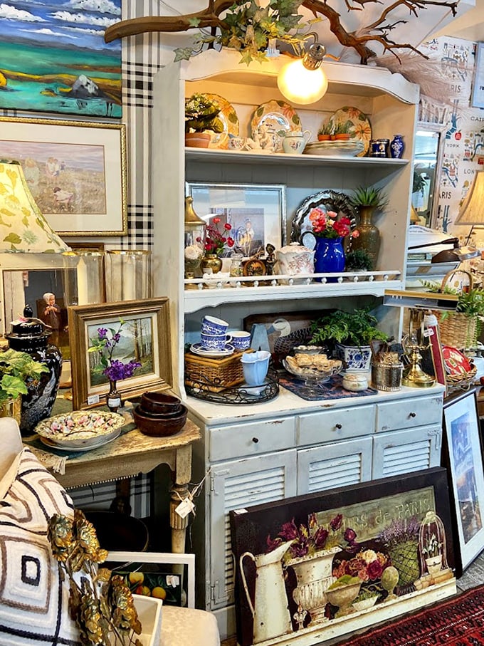 Not just shelves, but time capsules arranged with care. That blue pitcher has probably poured drinks for people who listened to radio dramas.
