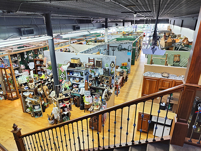 From the second floor balcony, the mall reveals itself as a carefully organized labyrinth of vendor spaces, each with unique treasures.