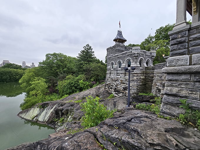 Nature meets architecture in perfect harmony. The castle's weathered stone walls seem to grow organically from the Manhattan schist that forms its foundation.