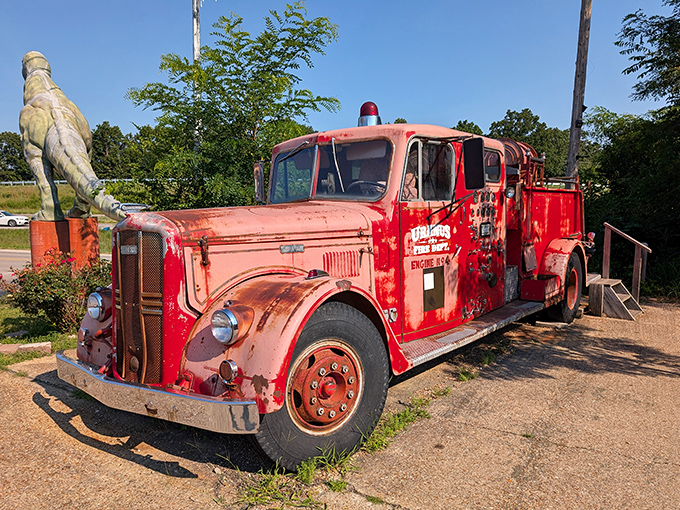 This vintage fire truck has seen better days, but now it's living its best retirement life as a photo op for giggling tourists.