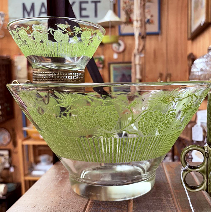 This mid-century green glass bowl isn't just serveware&mdash;it's a conversation piece that whispers tales of martini parties and deviled egg platters.