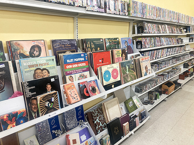 Vinyl records and DVDs line the shelves like a time capsule of entertainment history. Spot any forgotten favorites?
