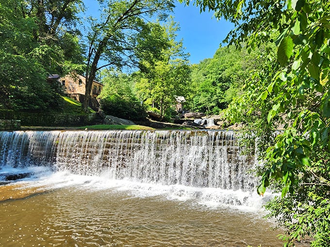 Summer's emerald embrace cradles this wide waterfall, where the constant rush of water drowns out life's notifications and deadlines.