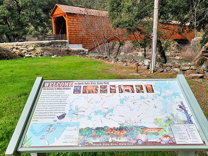 The welcome sign offers a bird's-eye view of South Yuba River State Park's treasures, with the bridge serving as the crown jewel of this Gold Country paradise.