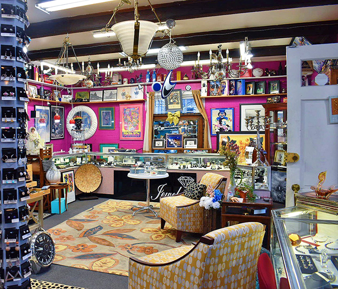 The jewelry section sparkles under vintage chandeliers, creating a treasure cave effect that would make Aladdin rethink his priorities. 