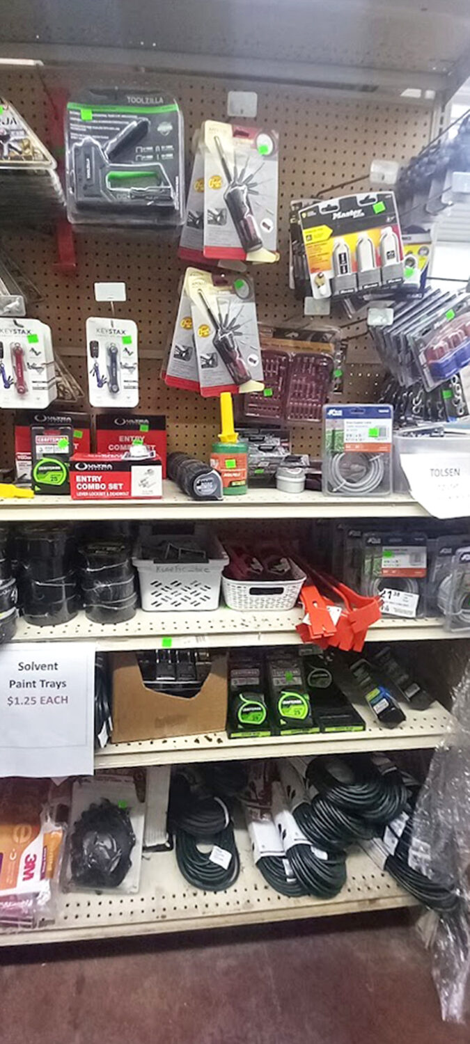 DIY paradise awaits in the hardware section, where name-brand tools hang ready to tackle that project you've been putting off due to sticker shock elsewhere.
