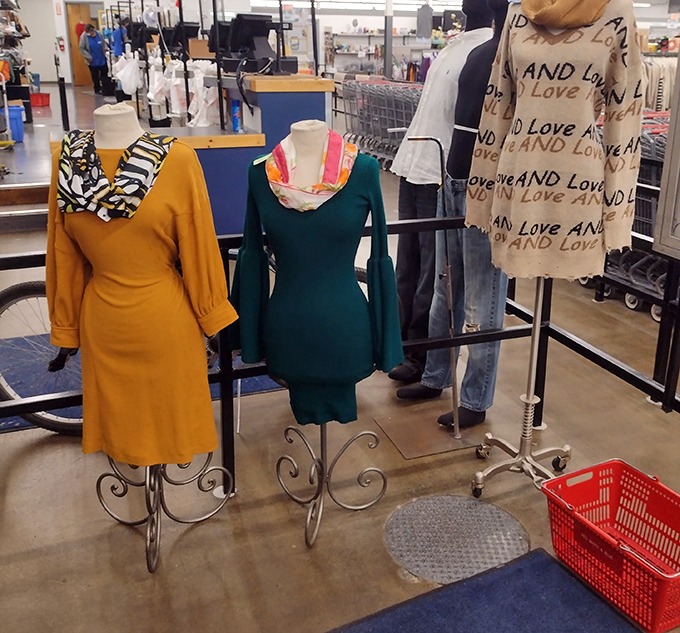 Fashion through the decades stands at attention. That mustard dress and emerald tunic are just waiting for their "Pretty Woman" shopping montage moment.