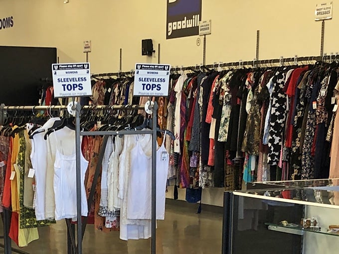 The entrance beckons with promises of 50% off sales and a convenient donation drop-off. Your wallet is already breathing a sigh of relief.