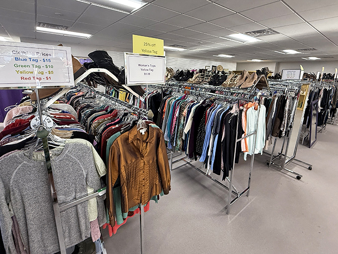 Racks upon racks of potential wardrobe transformations. Each hanger holds someone's past fashion choice, ready to become your next favorite outfit.